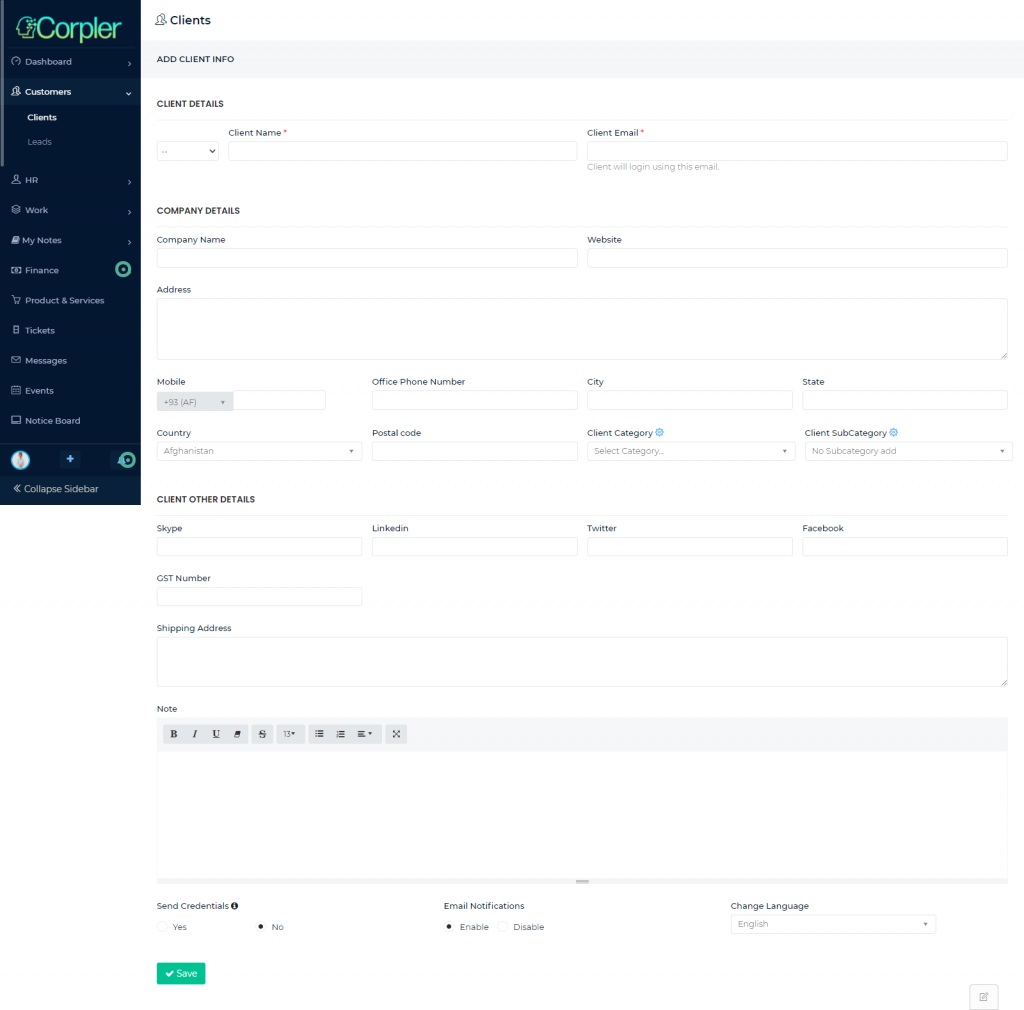 Customer Module – Corpler